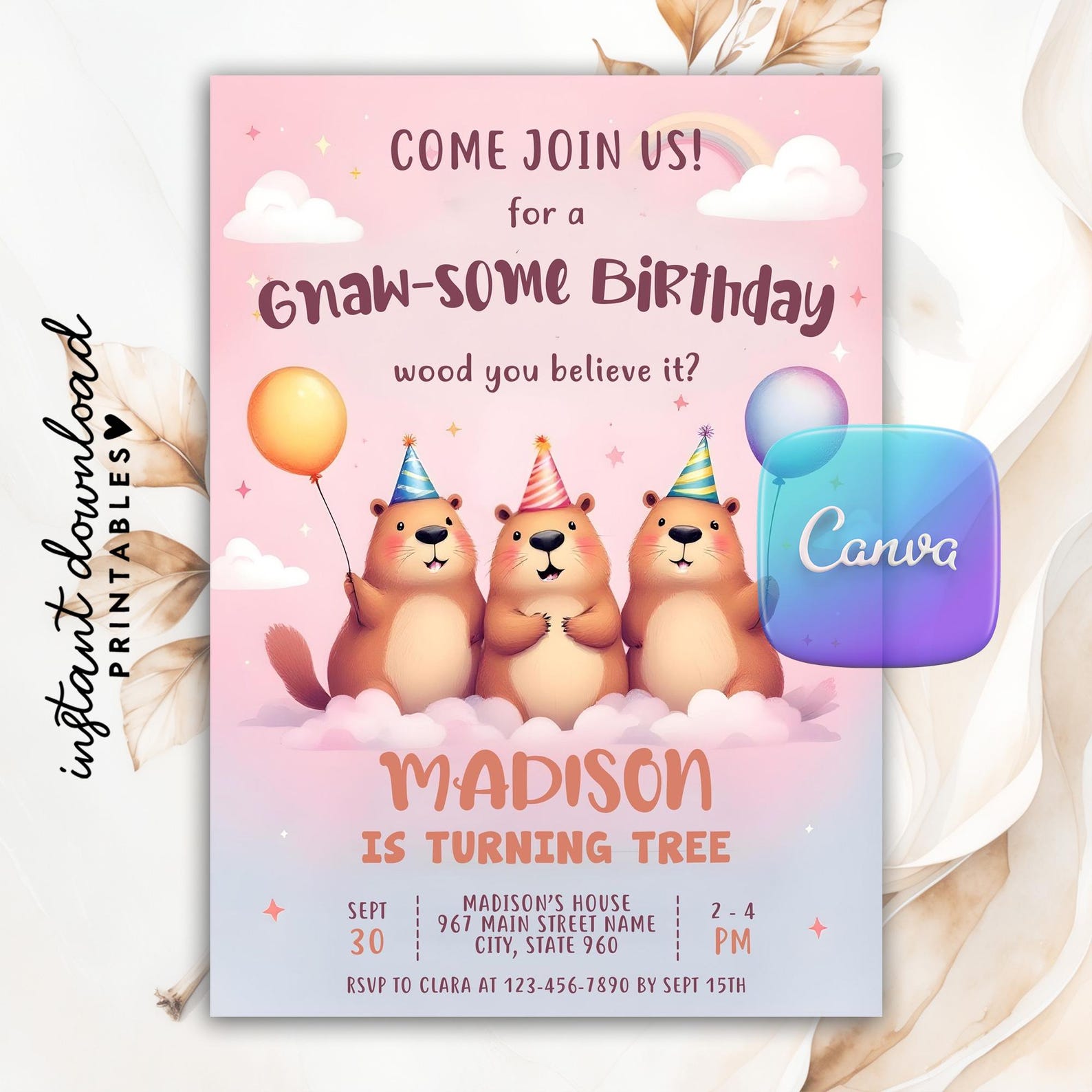 Editable Beaver Inspired Invitation, Beaver Birthday Party Invite ...