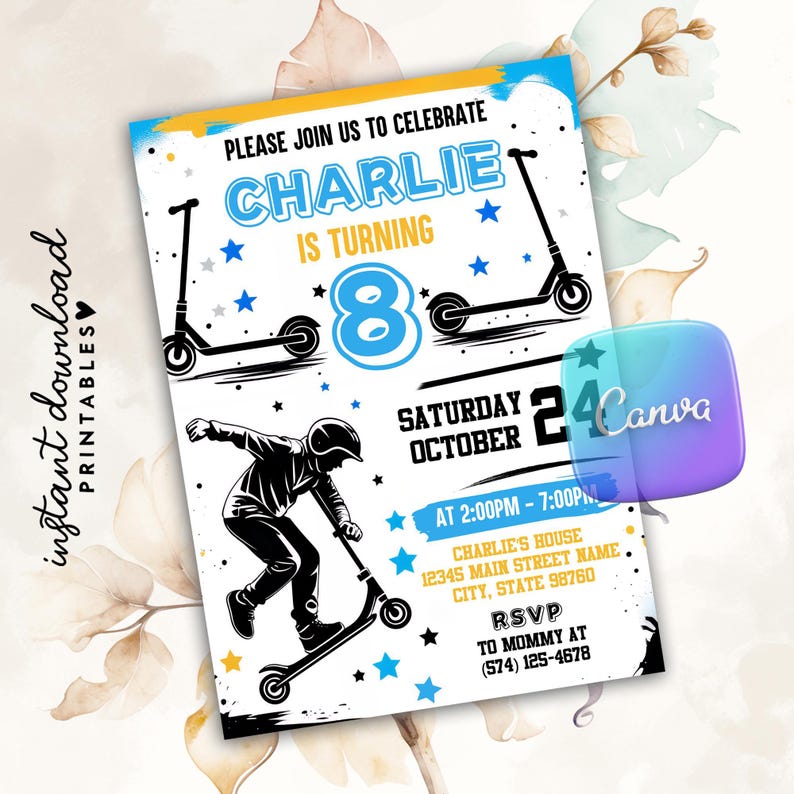 Scooter Birthday Invitation, Skater Theme Party, DIY Canva Template ...