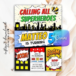 Editable Comic Book Birthday Invitation, Printable Comic Superhero ...