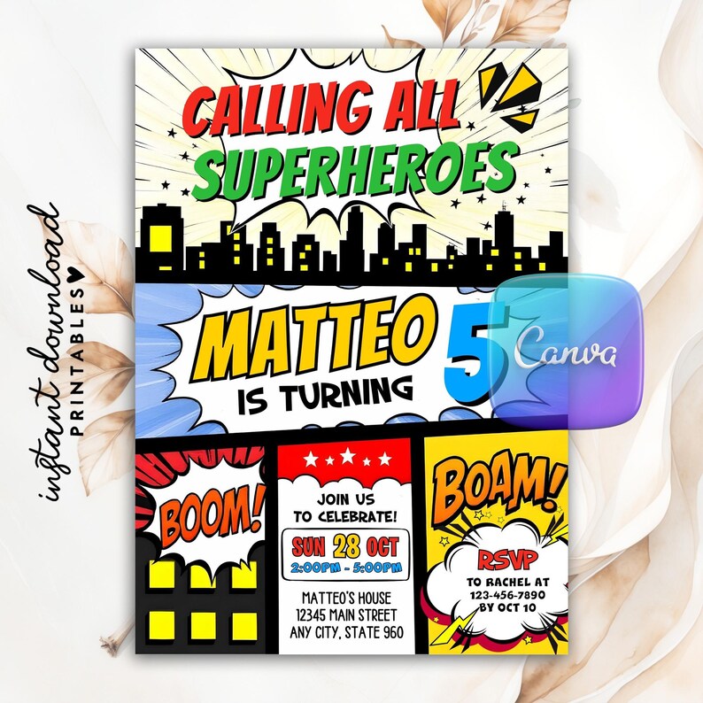 Editable Comic Book Birthday Invitation, Printable Comic Superhero ...