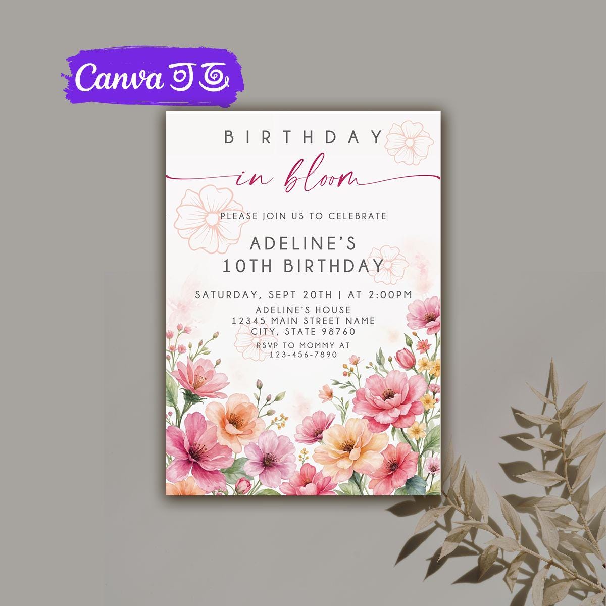 Editable Flower Bloom Invitation, Wildflower Birthday Invitation ...