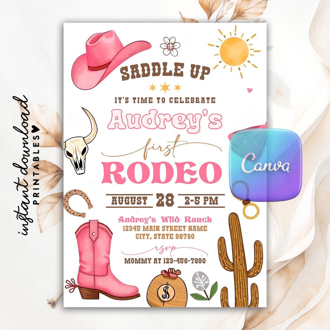 Editable Pink Cowgirl First Rodeo Birthday Invitation, Space Cowgirl ...