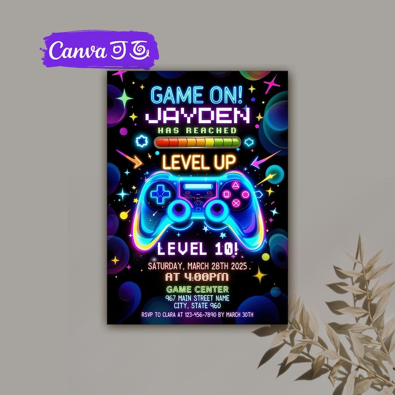Editable Neon Game on Level up Gaming Birthday Party Invitation, Video ...