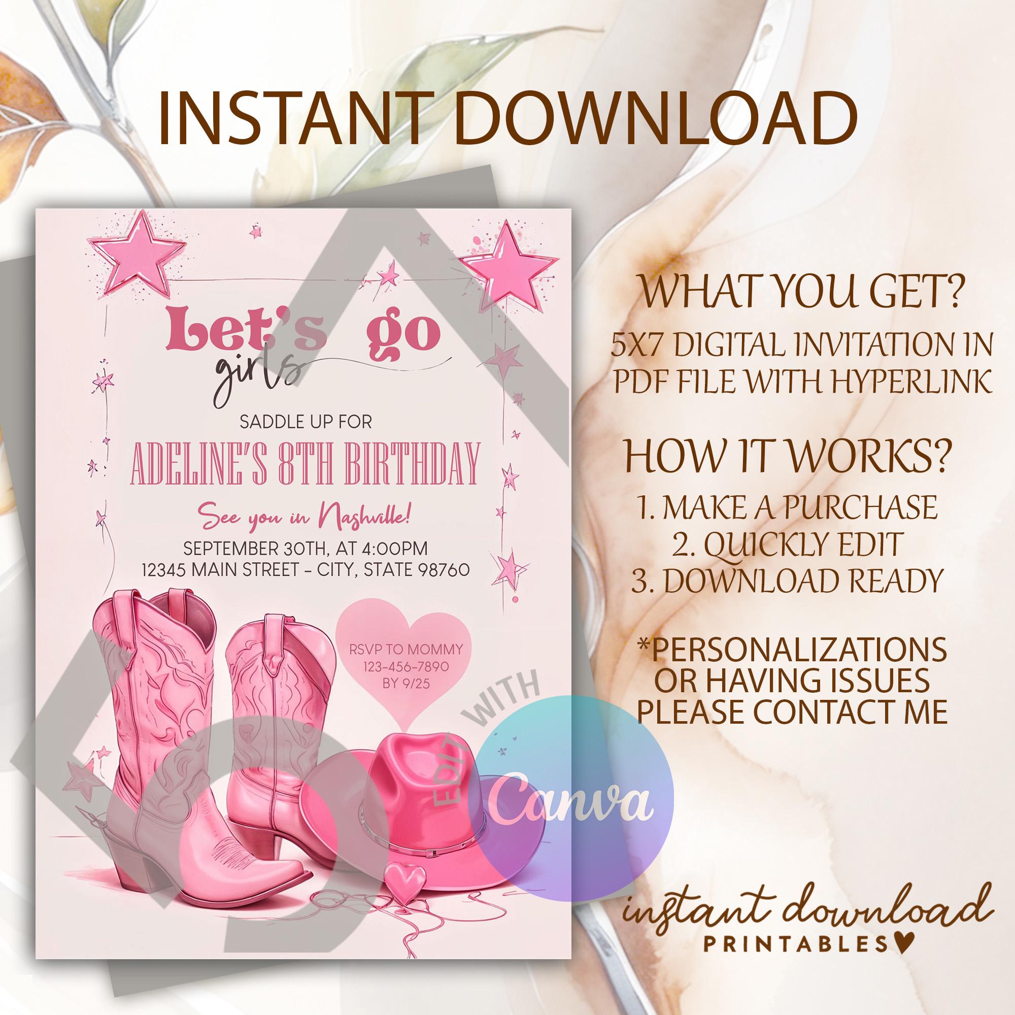 Let's Go Girls Birthday Invitation Template, Pink Cowgirl Birthday ...