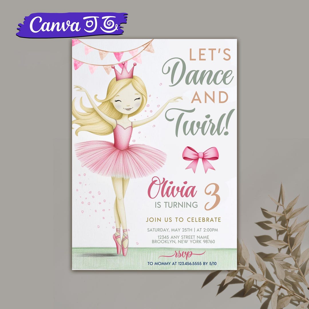 Editable Modern Ballerina Birthday Invitation, Ballet Dancer Girl ...