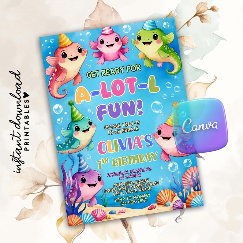 Editable Axolotl Birthday Invitation, Alotl Fun Invitation, Axolotl ...