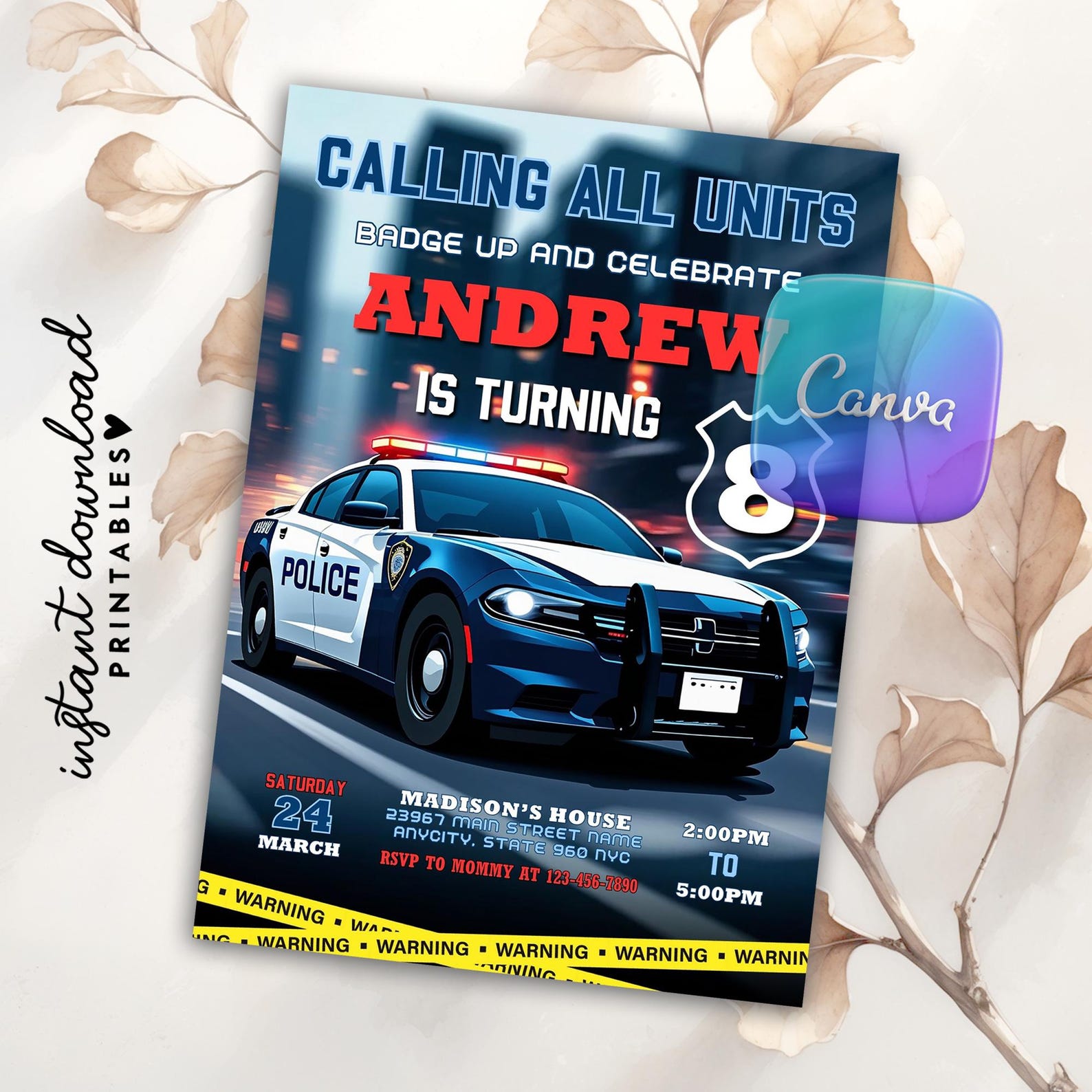 Editable Police Birthday Invitation, Police Officer Invitation, Police ...