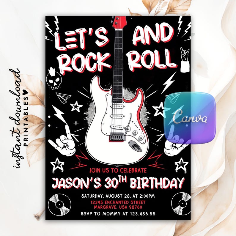 Electric Guitar Birthday Invitation, Rock and Roll Theme (digital ...