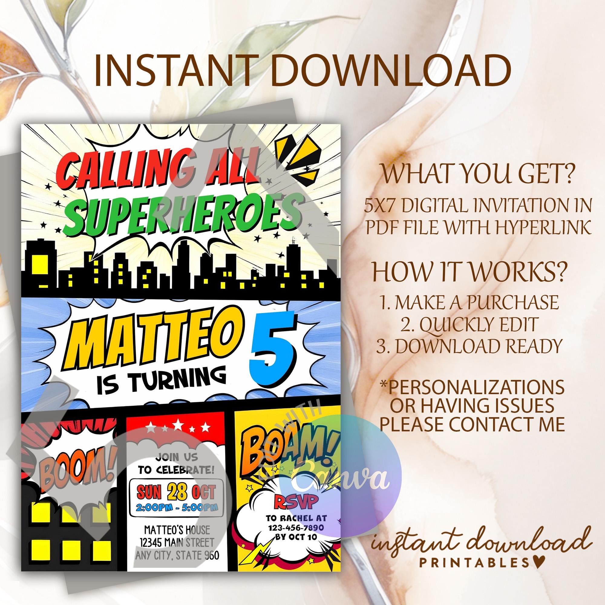 Editable Comic Book Birthday Invitation, Printable Comic Superhero ...