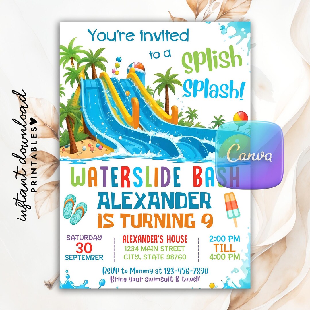 Water Slide Birthday Invitation, Waterslide Birthday Invitation, Water ...