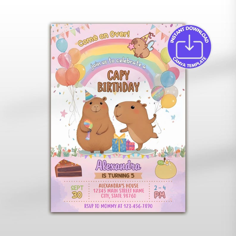 Editable Capybara Birthday Invitation, Kawaii Capybara Birthday, Cute ...