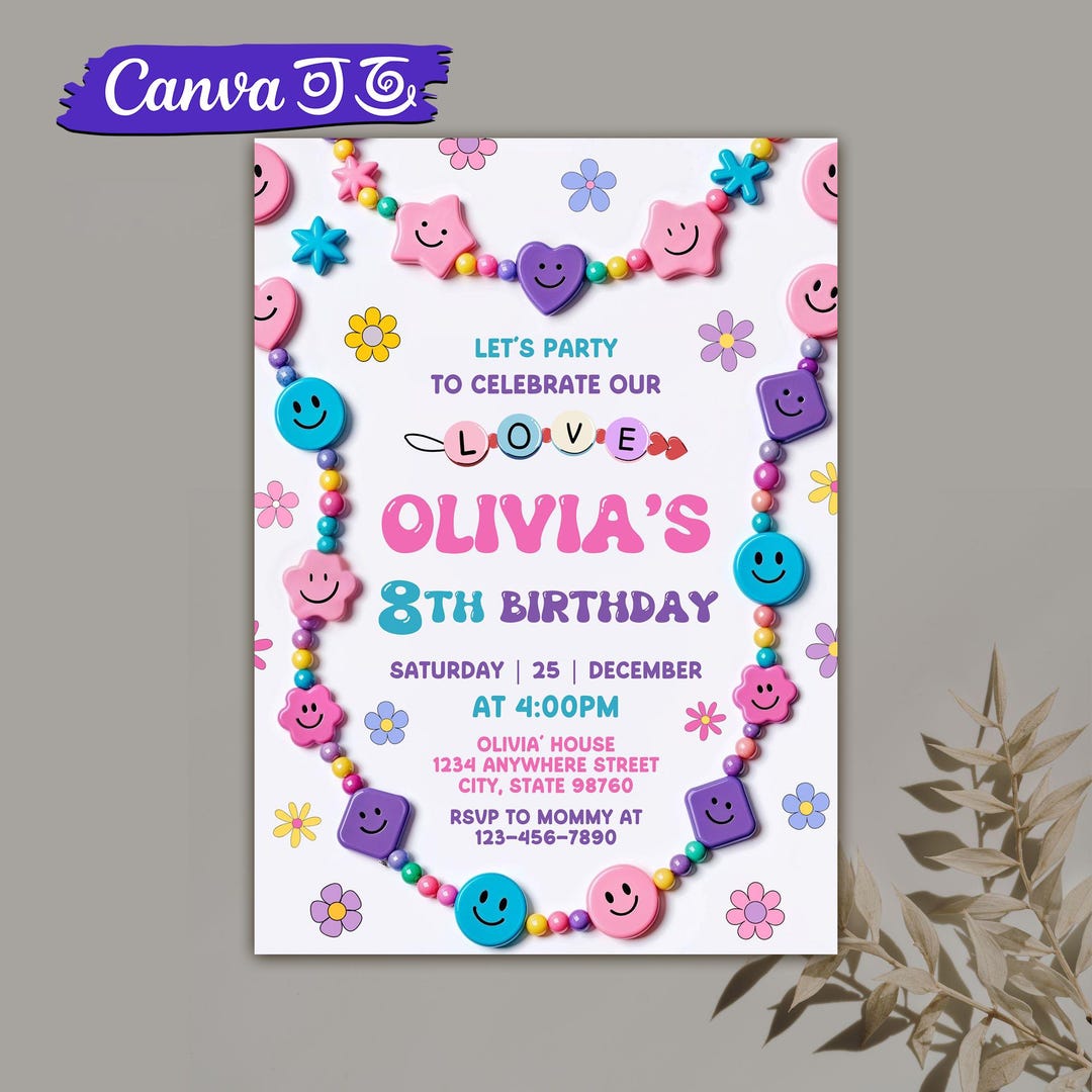 Editable Friendship Bracelet Birthday Invitation, Friendship Bracelet ...
