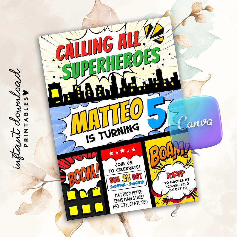 Editable Comic Book Birthday Invitation, Printable Comic Superhero ...