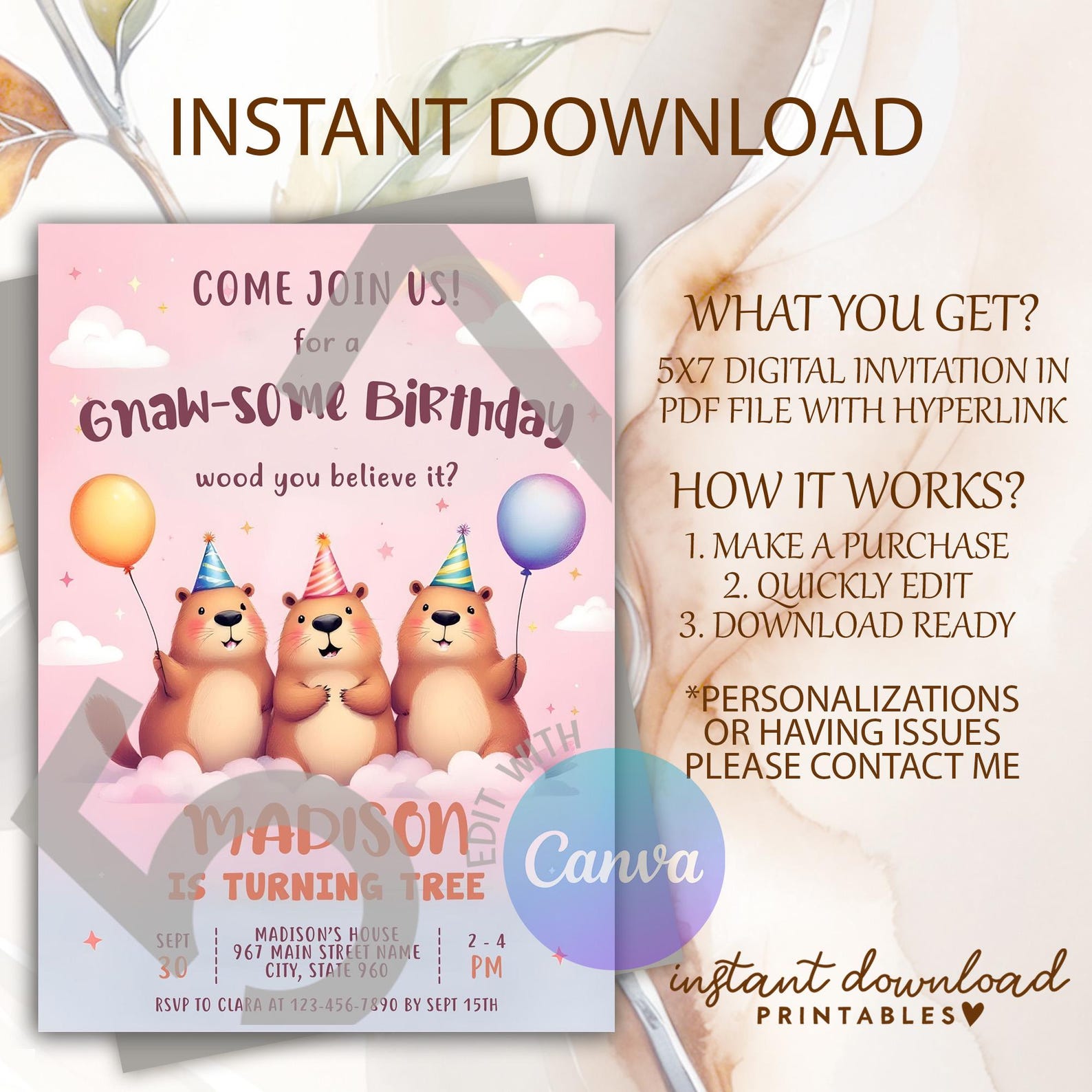 Editable Beaver Inspired Invitation, Beaver Birthday Party Invite ...