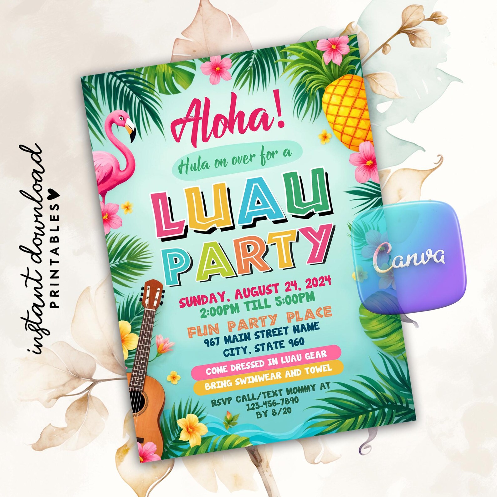 Editable Luau Birthday Party Invitation, Hawaiian Tiki Birthday ...