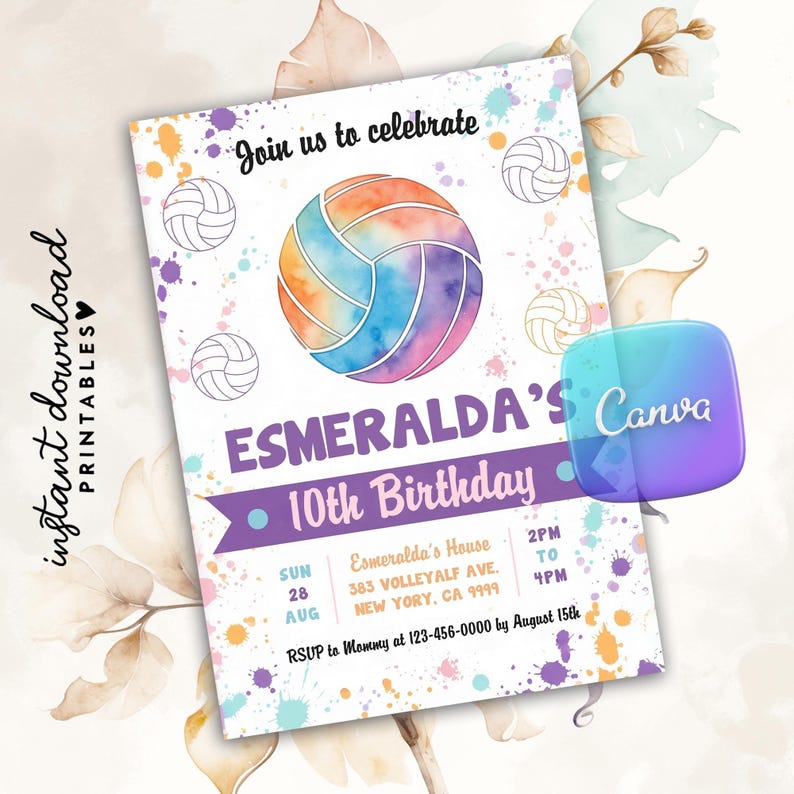 Girls Volleyball Birthday Invitation, Sports Party Invite (canva ...