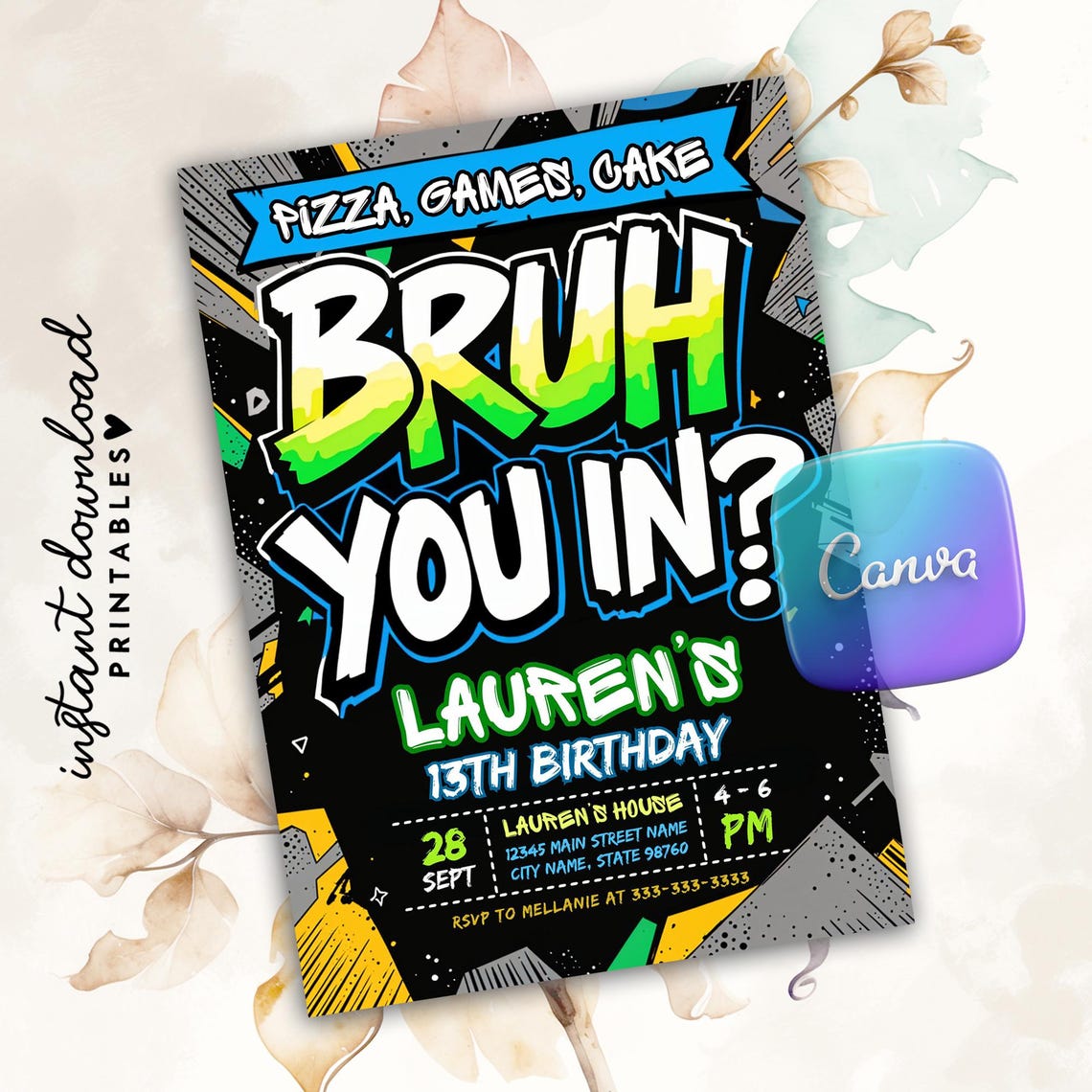 Editable Bruh Birthday Invitation, Neon Graffiti Theme Any Age Digital ...