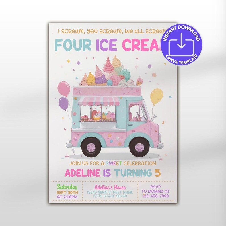 Editable Ice Cream Truck Birthday Invitation, I Scream You Scream We ...