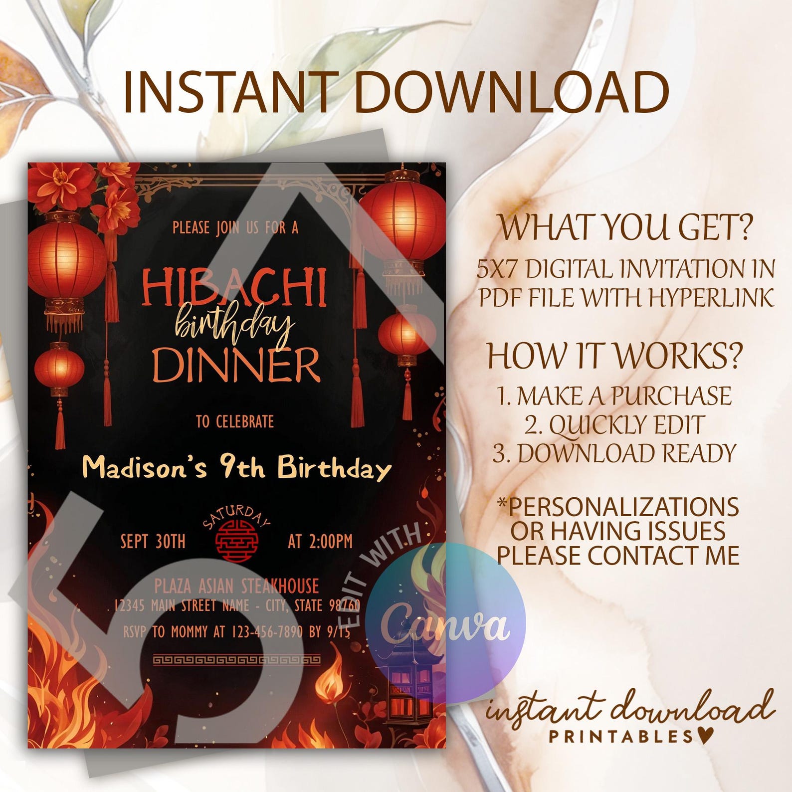 Editable Hibachi Dinner Birthday Invitation, Hibachi Party Invite ...