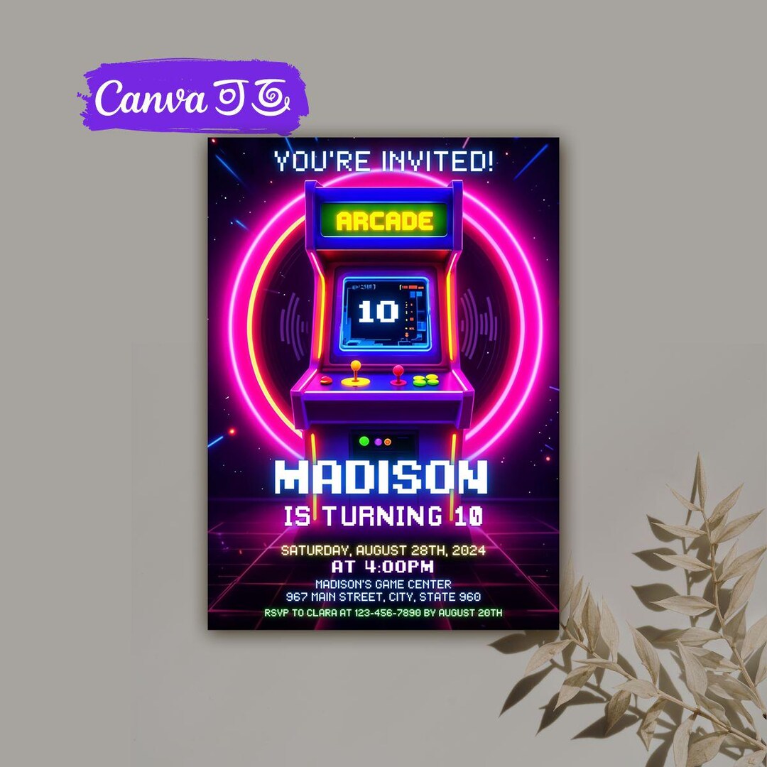 Arcade Birthday Invitation Template, Editable Arcade Invitation, Neon ...