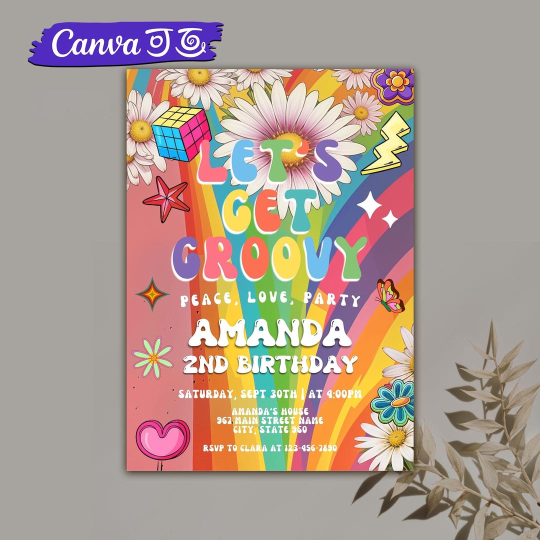 Let's Get Groovy Daisy Rainbow Hippie Birthday Invite, Editable Any Age ...
