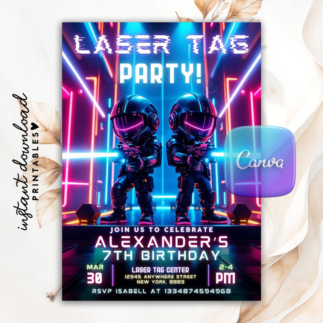Laser Tag Birthday Invitation, Laser Tag Party Invite, Neon Glow Laser ...
