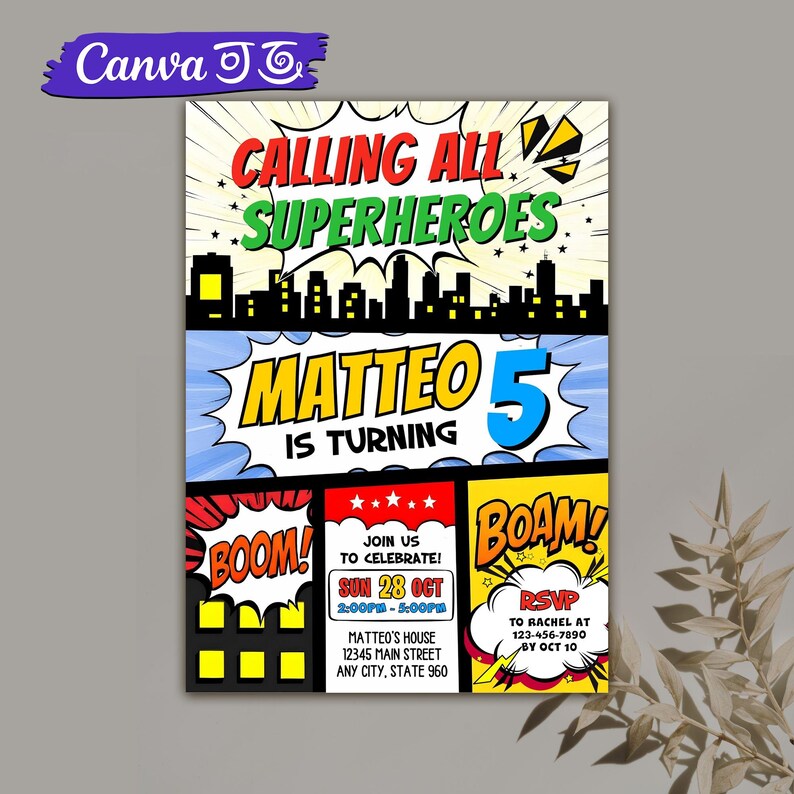 Editable Comic Book Birthday Invitation, Printable Comic Superhero ...
