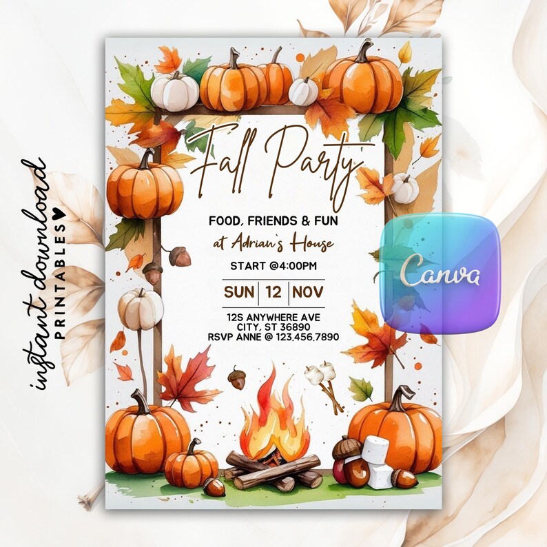 Fall Bonfire Party Invitation, Autumn Harvest, Canva Template (digital ...