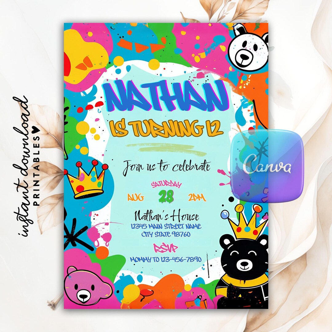 Street Art Graffiti Birthday Invitation, Urban Hip Hop Party (digital ...