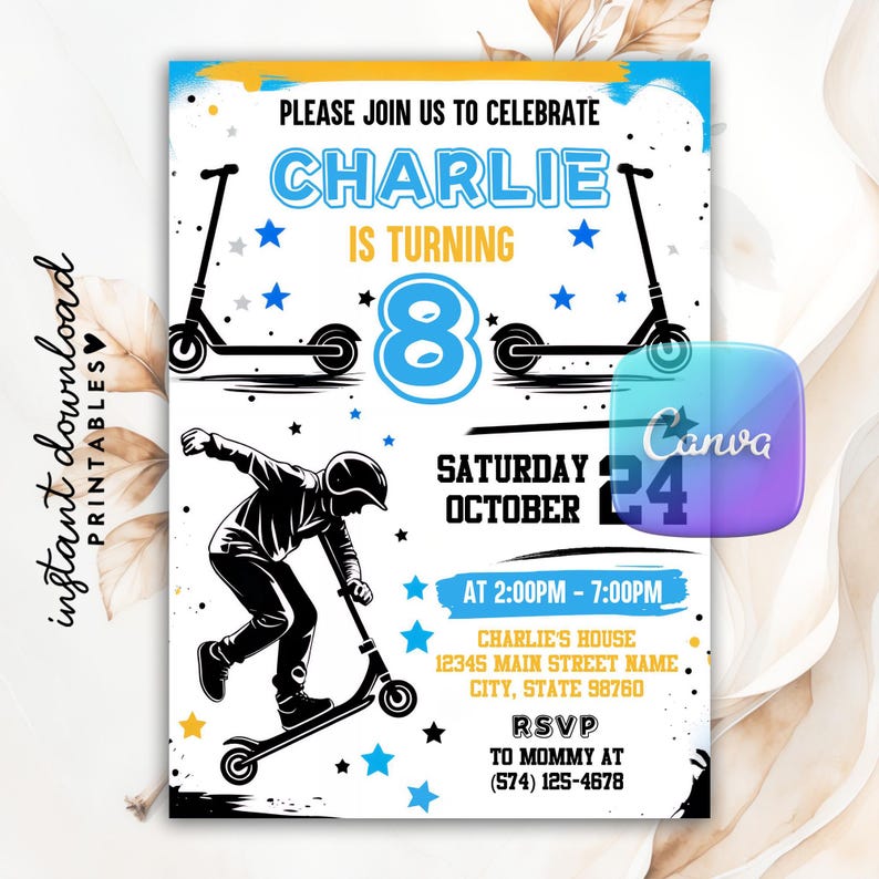 Scooter Birthday Invitation, Skater Theme Party, DIY Canva Template ...