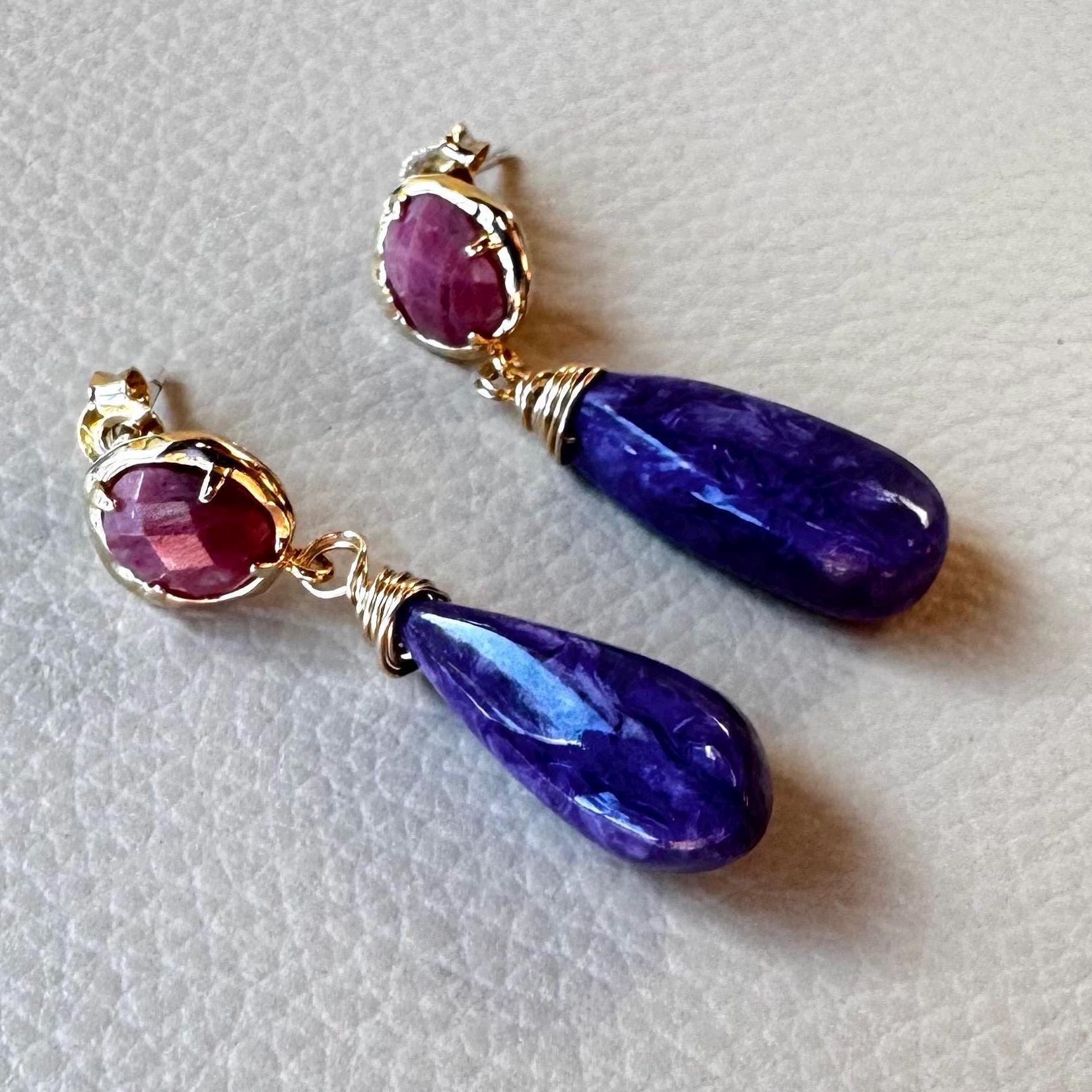 Charoite Gold Post Earrings. Large Natural Purple Charoite Teardrop ...