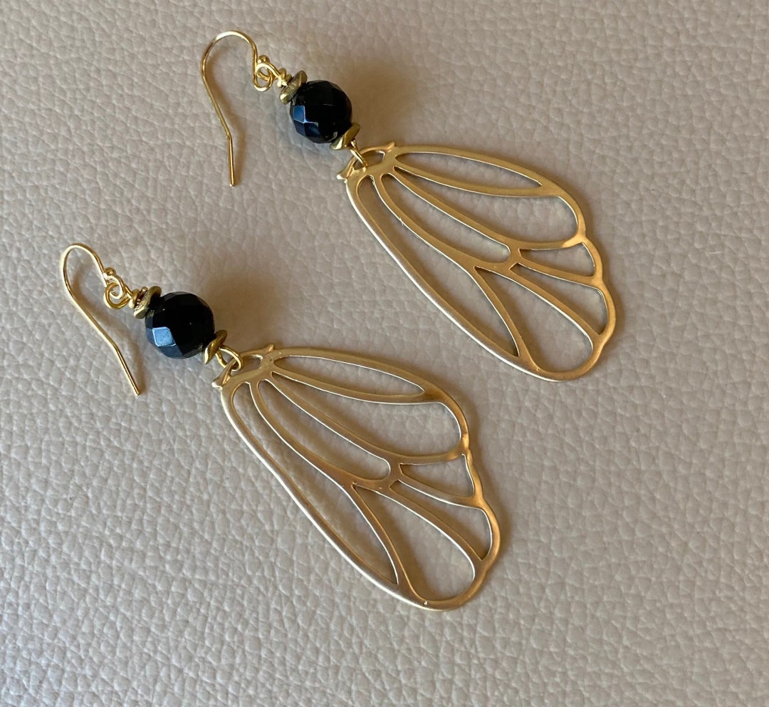 Butterfly Wings Gold Earrings. Black Onyx Earrings. Large Perforated ...