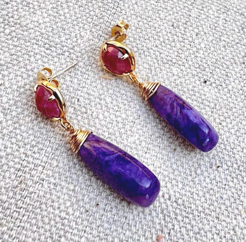 Charoite Gold Post Earrings. Large Natural Purple Charoite Teardrop ...