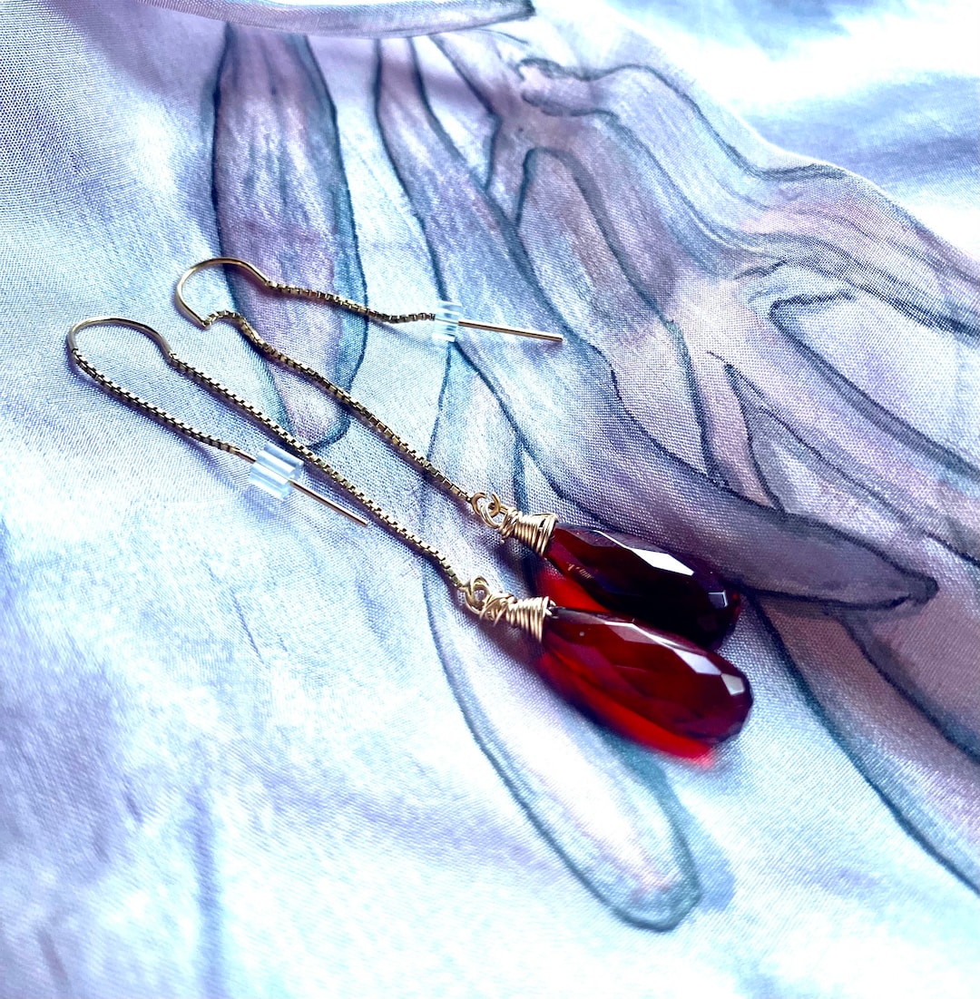 Red Quartz Gold Threaders. Faceted Gemstone Teadrop Threader Earrings ...