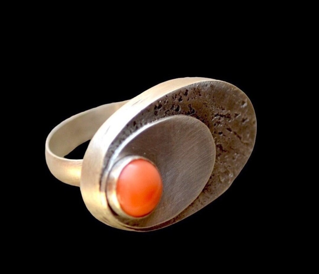 Pink Coral Silver Ring. Silversmith Hollow Form Ring. Large Sculptural ...