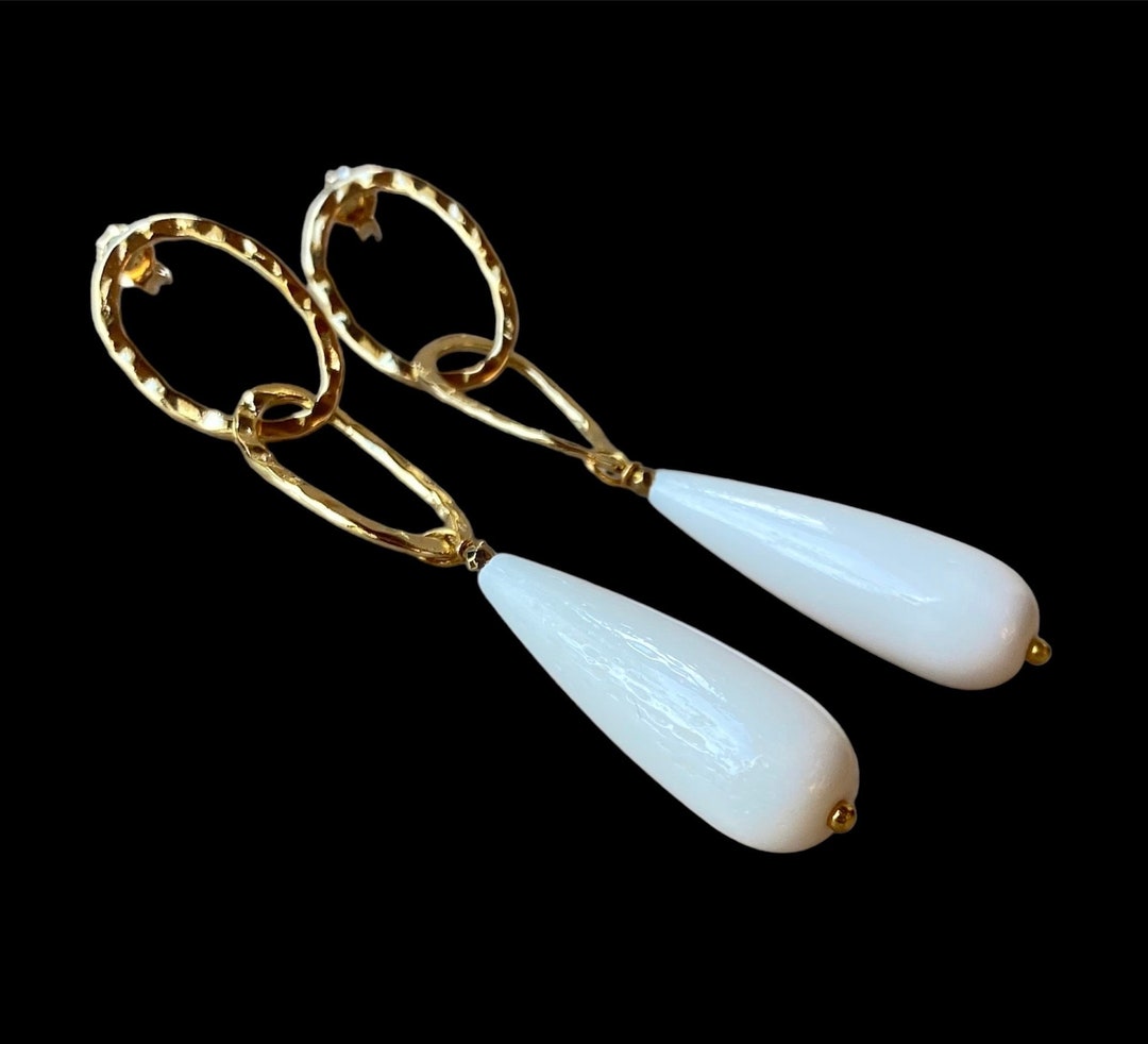 White Bone Gold Earrings. Carved Smooth Bone Teardrops. Ivory Color ...
