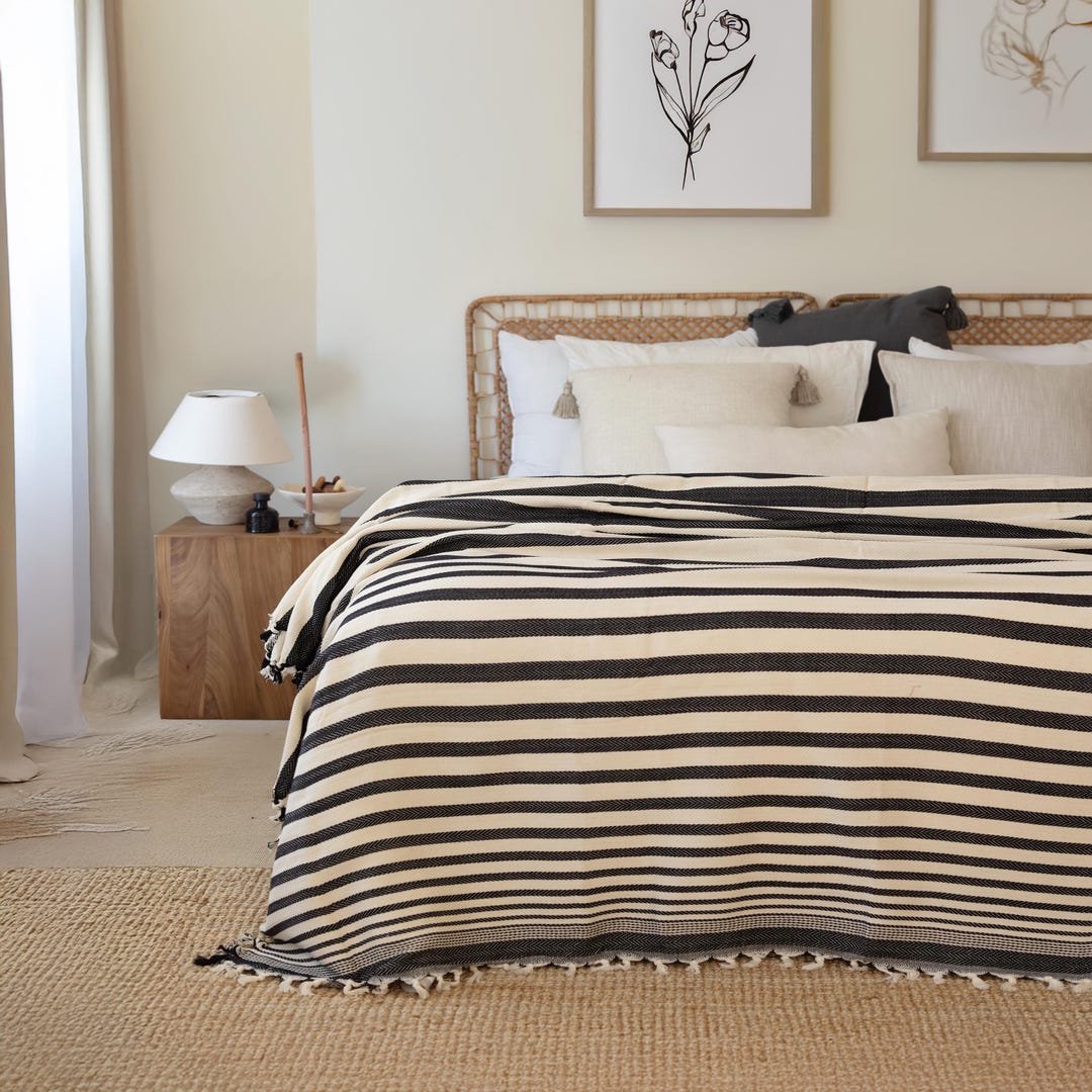Cotton Throw Blanket: Striped Bed Cover, Queen King Bedspread - Etsy