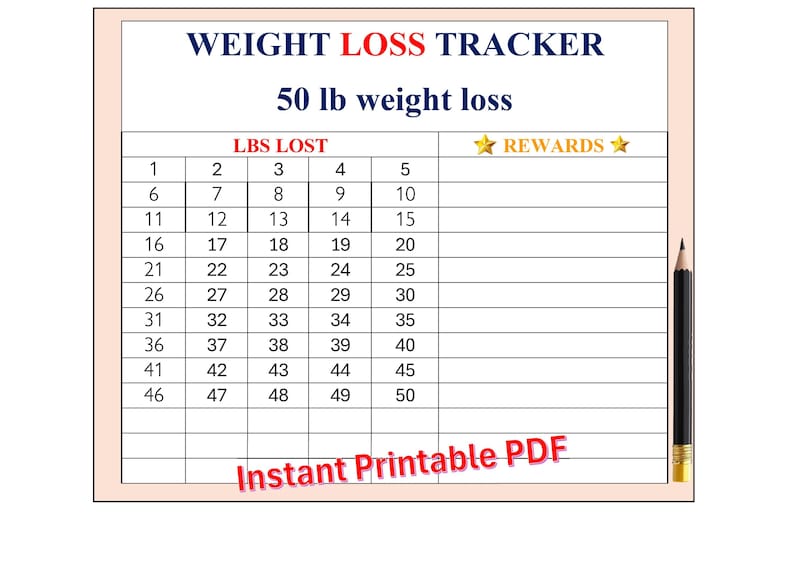 Weight Loss Tracker Weight Loss Reward Printable, 50 Lb Weight Loss ...