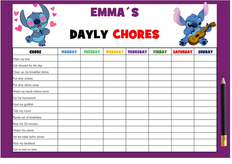 Chore Chart for Kids | Kids Chore Chart | Fun Stich Reward System ...