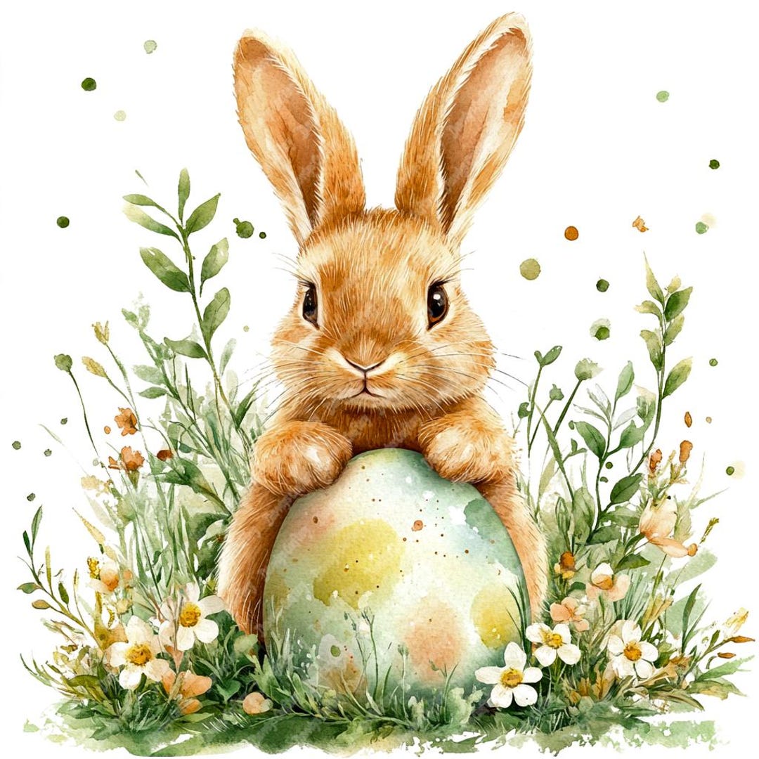13 Easter Bunny With Egg Watercolor Clipart, Printable High Quality ...