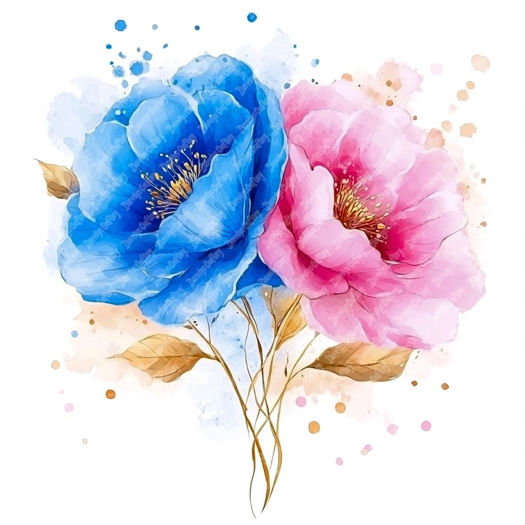 Blue & Pink Watercolor Flower Clipart: Floral Wall Art (digital ...