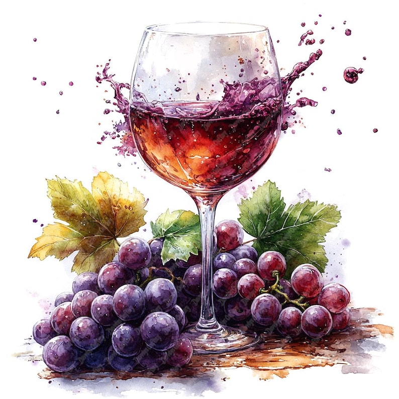 7 Glass of Wine and Grapes Watercolor Clipart, Printable High Quality ...
