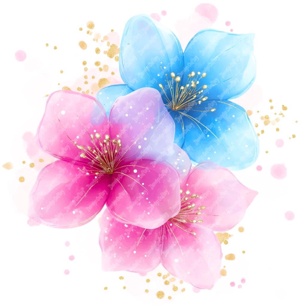 Blue & Pink Watercolor Flower Clipart: Floral Wall Art (digital ...
