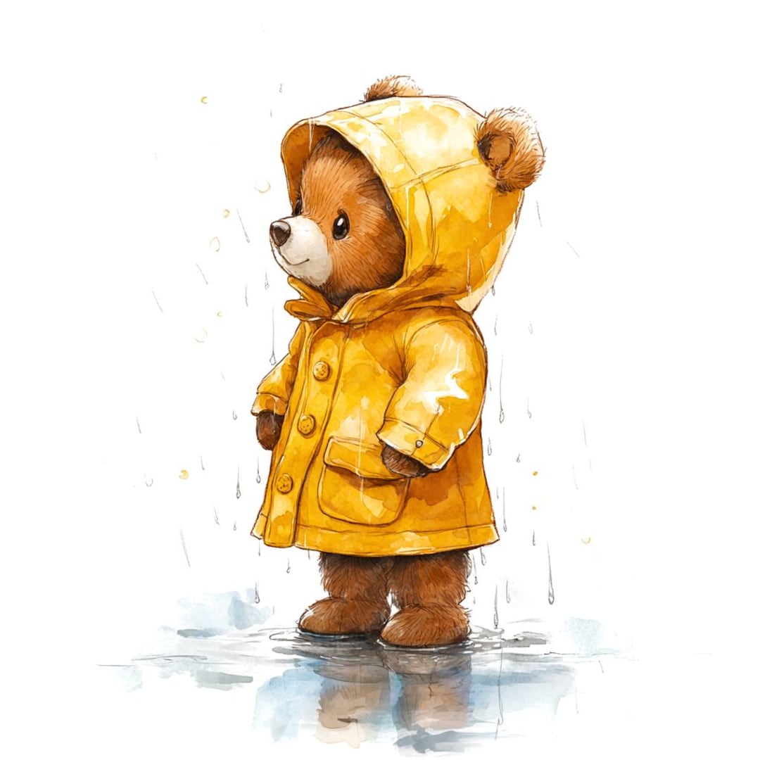 12 Cute Bear in Yellow Raincoat Watercolor Clipart Bundle, Baby Bear ...