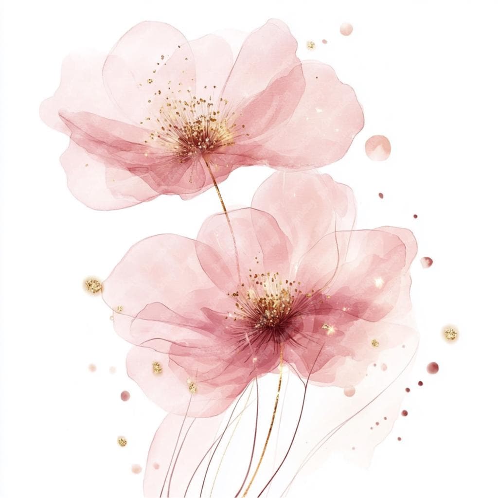 Pink and Gold Watercolor Flower Clipart, Printable Floral Art (digital ...