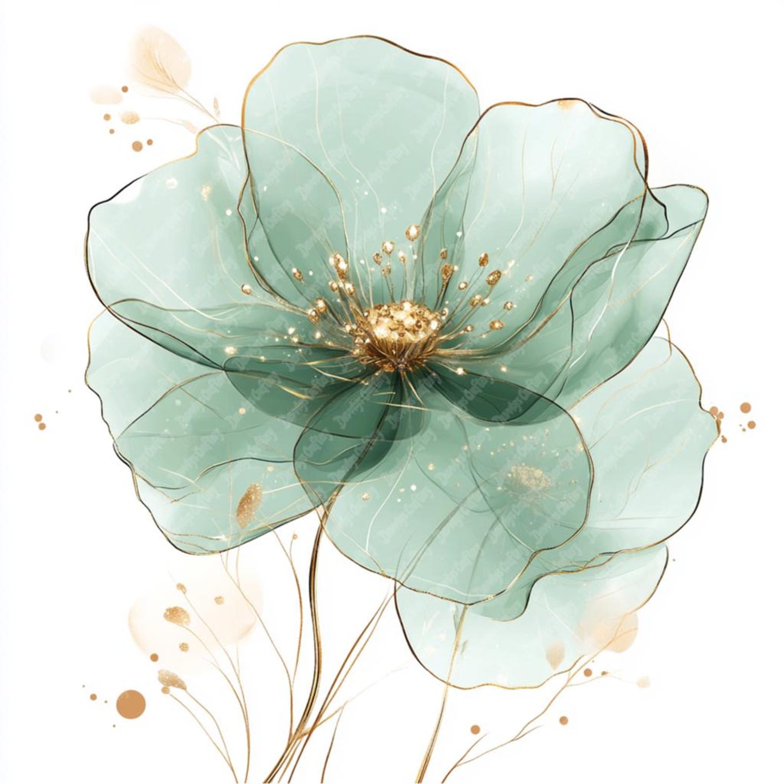 Green and Gold Flower Watercolor Clipart, Printable Floral Art (JPG) - Etsy