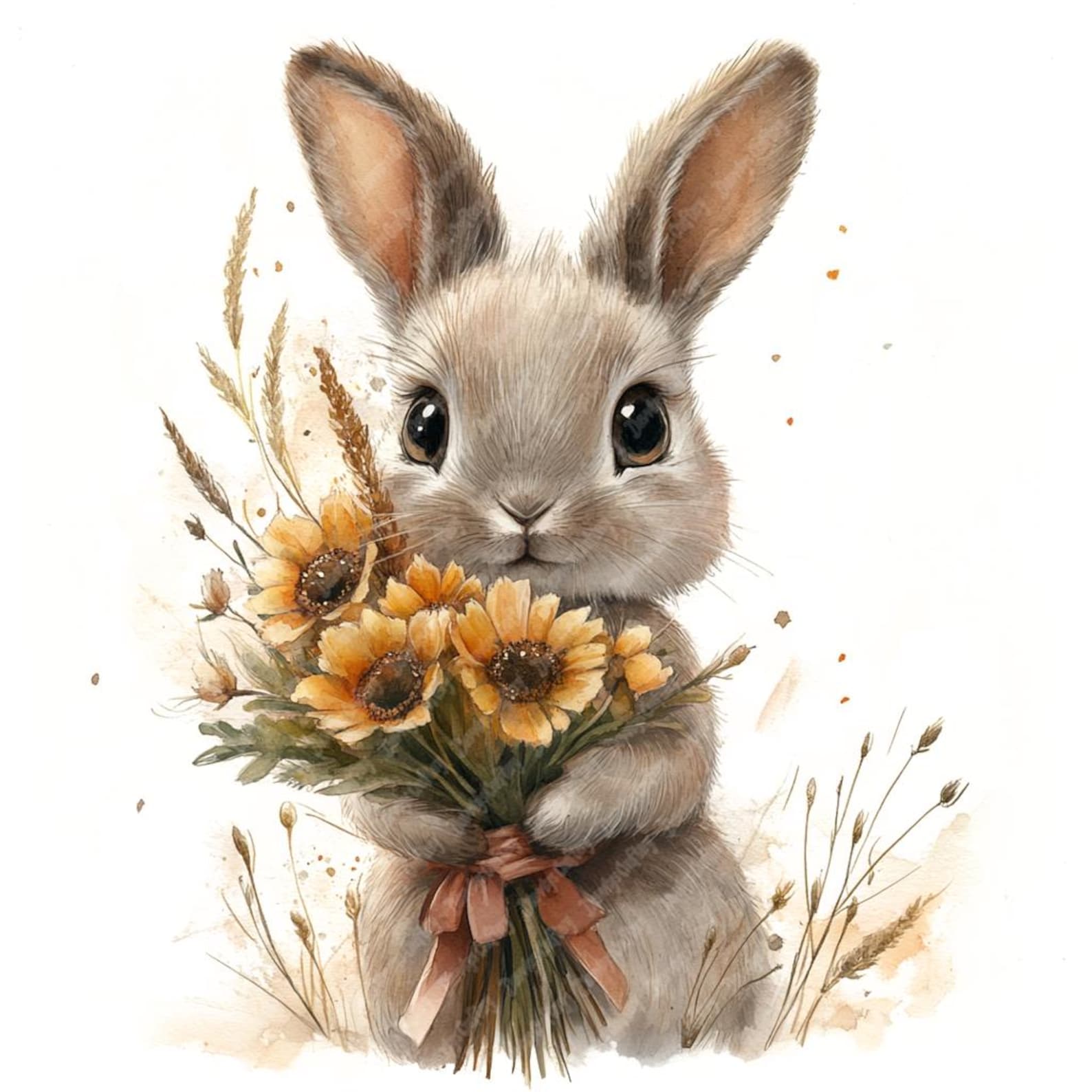 10 Cute Bunny Holding Flowers Watercolor Clipart, Printable High ...