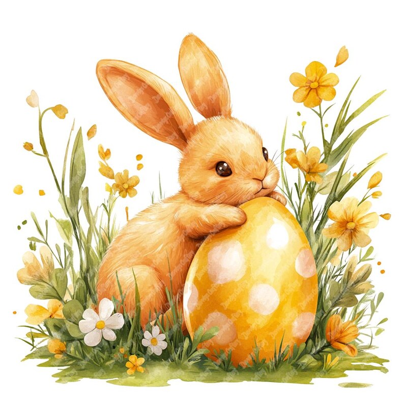 13 Floral Easter Bunny and Egg Watercolor Clipart, Printable High ...