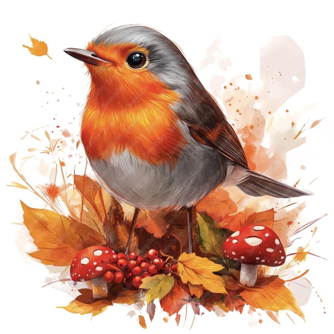 Autumn Robin Watercolor Clipart, Fall Bird Art (JPG Images) - Etsy