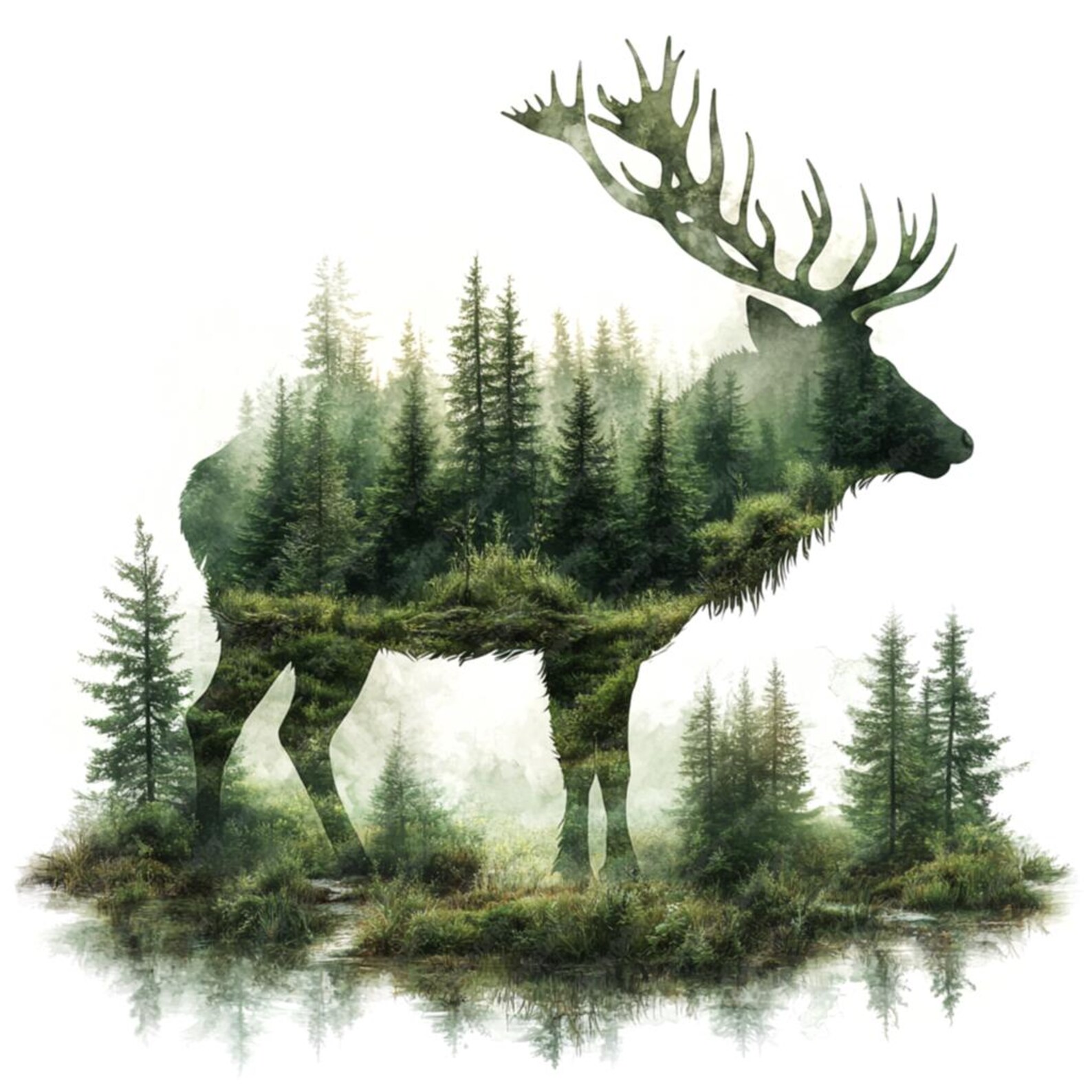 15 Double Exposure Stag and Forest Watercolor Clipart, Printable High ...